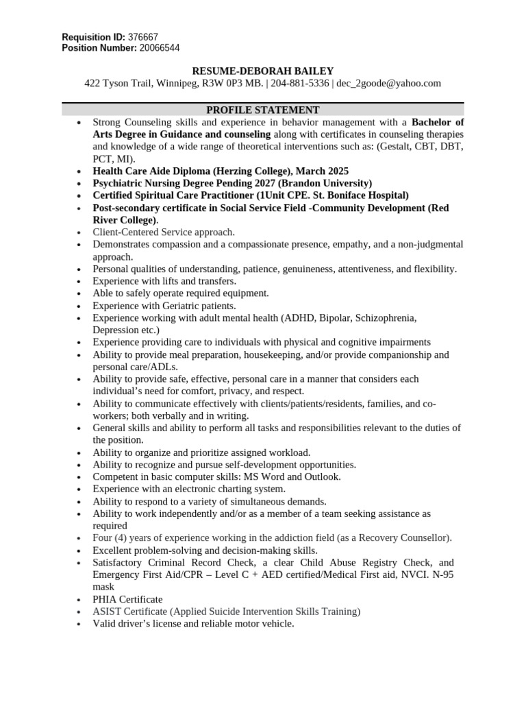 Resume - Deborah B. Health Care Aide - River East Access - Requisition ID376667 | PDF ...