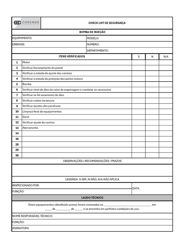 Check List BOMBA DE INJEÇÃO | PDF