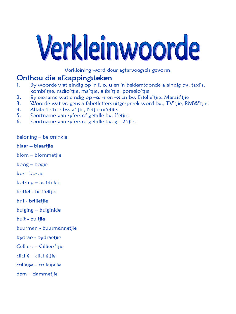 Verkleinwoorde Afrikaans Eat | PDF
