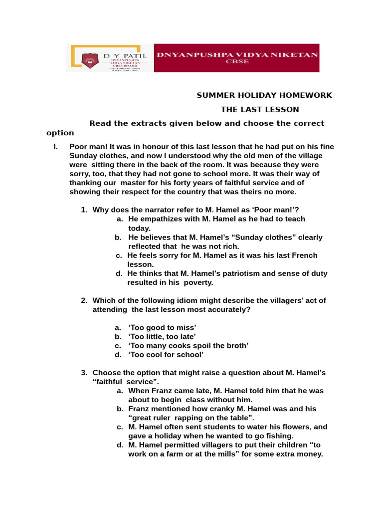 Summer Holiday Homework - The Last Lesson | PDF
