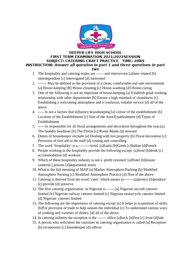 Ss 1 Catering Craft Pract. First Term Exam 2021-2022 | PDF | Foodborne Illness | Hygiene