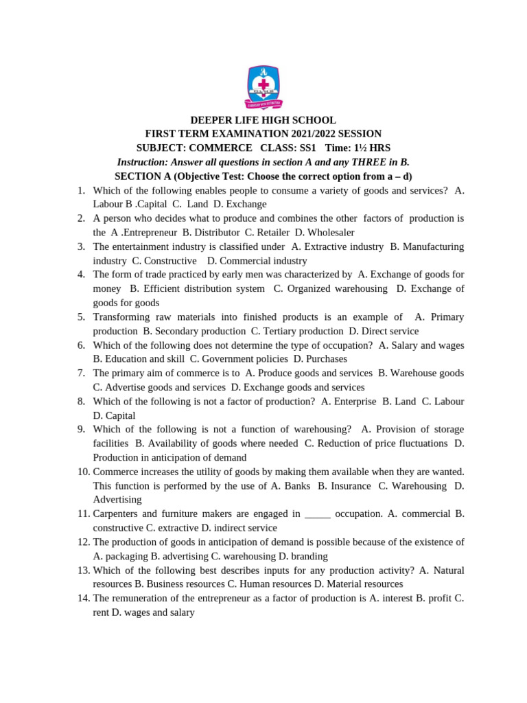 SS1 First Term Commerce Exam 2021 | PDF | Commerce | Warehouse