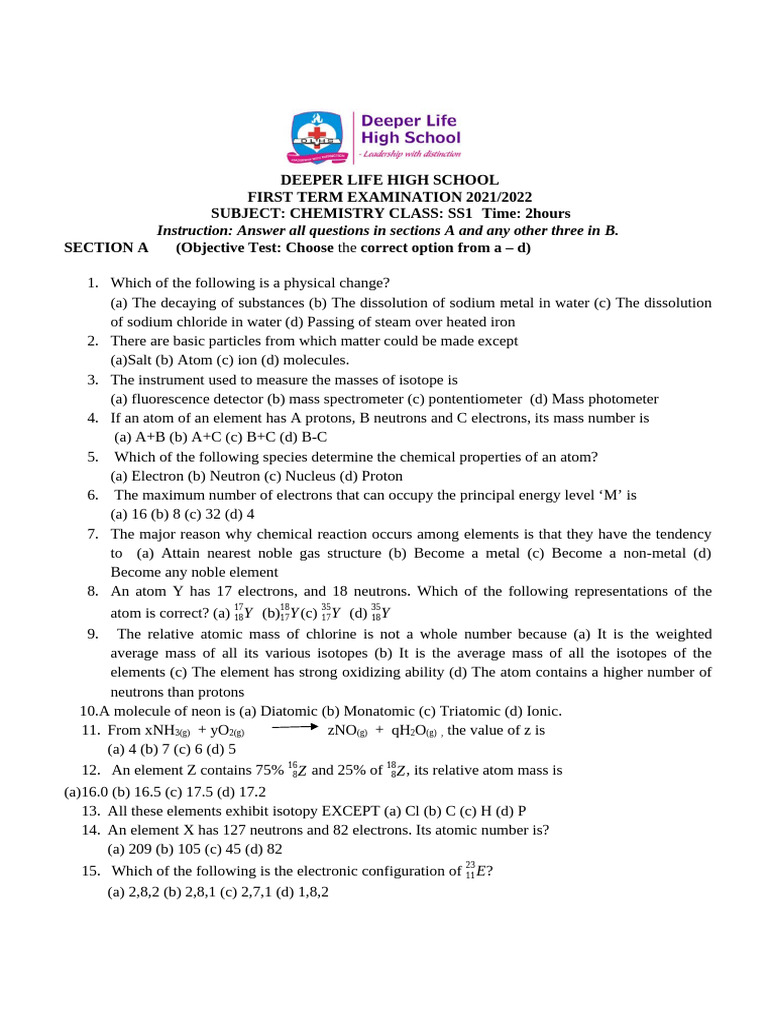 Ss 1 Chemistry First Term Exam 2021-2022 | PDF | Atoms | Chemical Compounds