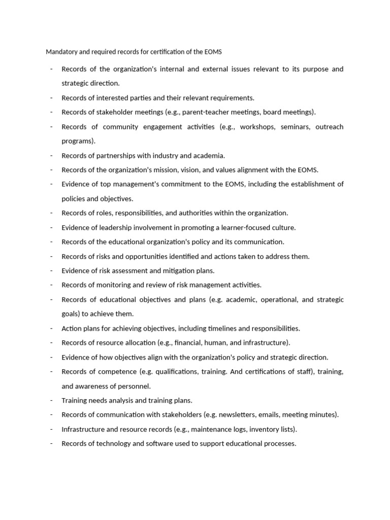 EOMS Certification Record Requirements | PDF | Audit | Regulatory ...
