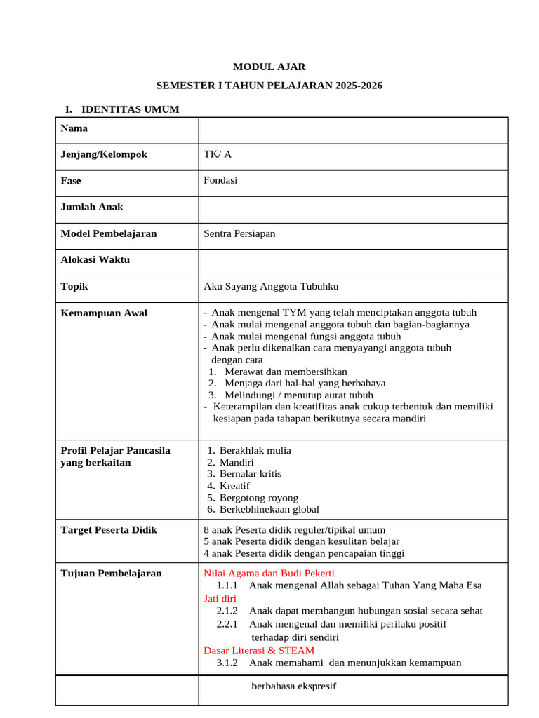 Modul Ajar PAUD: Anggota Tubuhku | PDF