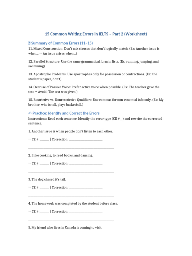 IELTS Common Errors Worksheet Part2 | PDF