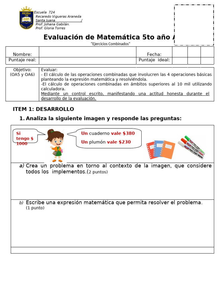 Ayalen Ev. Mat Ejercicios Combinados 5to A | PDF | Matemáticas