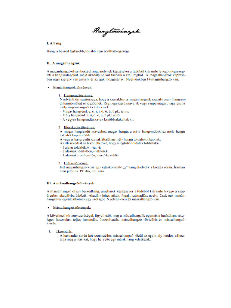 Osztály Nyelvtan - Hangtörvények | PDF