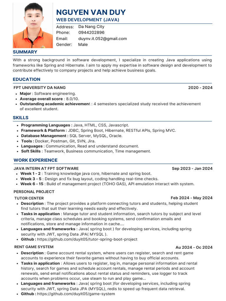 CV Java Development Nguyen Van Duy | PDF | Java (Programming Language) | My Sql