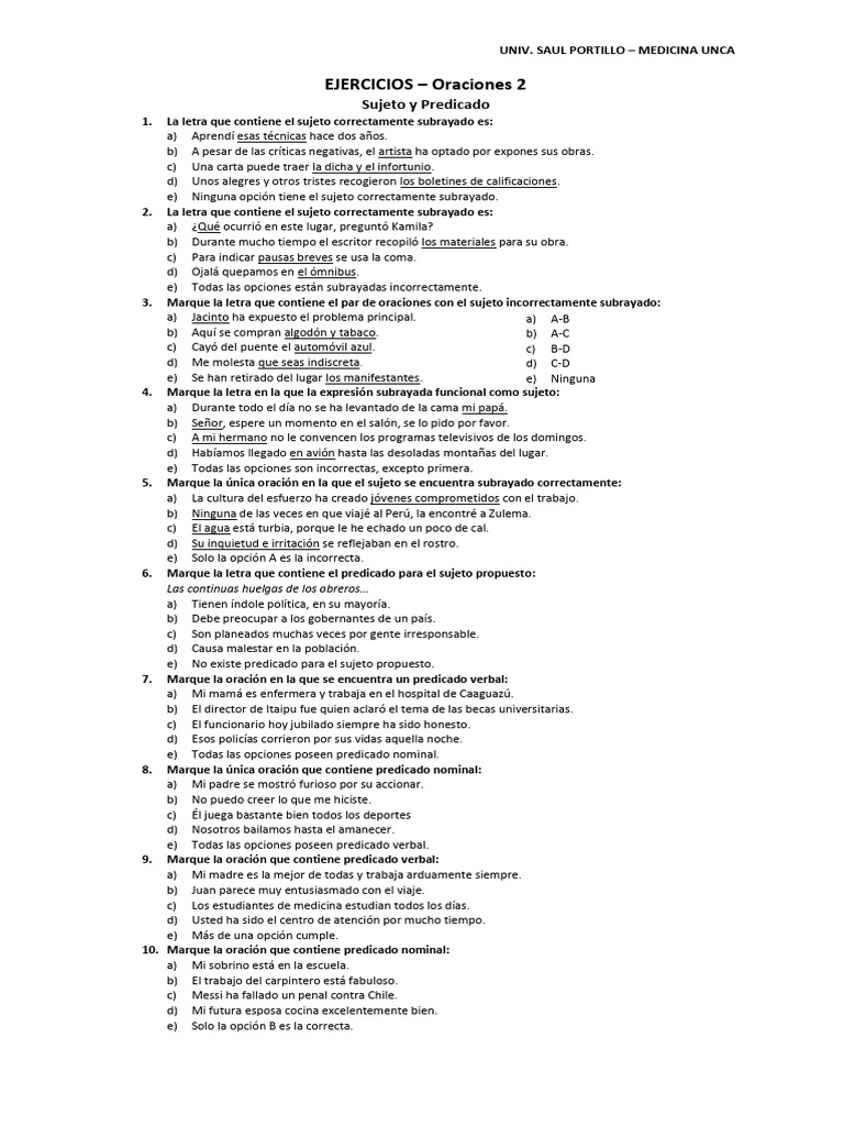 Actividades sobre Sujeto y Predicado | PDF | Predicado (Gramática)