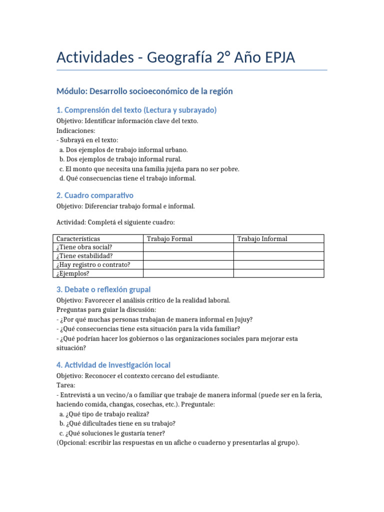 Actividades EPJA Trabajo Informal Jujuy | PDF