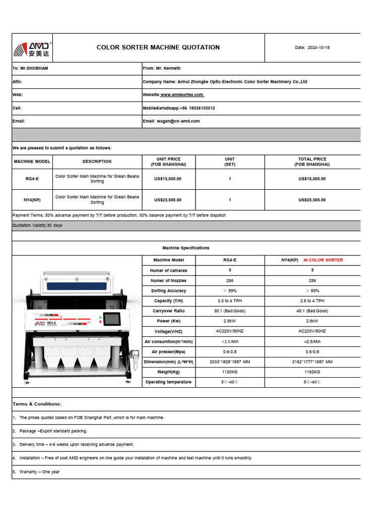 Quotation of RC4-E & NY4 (KP) Sorting Machine | PDF