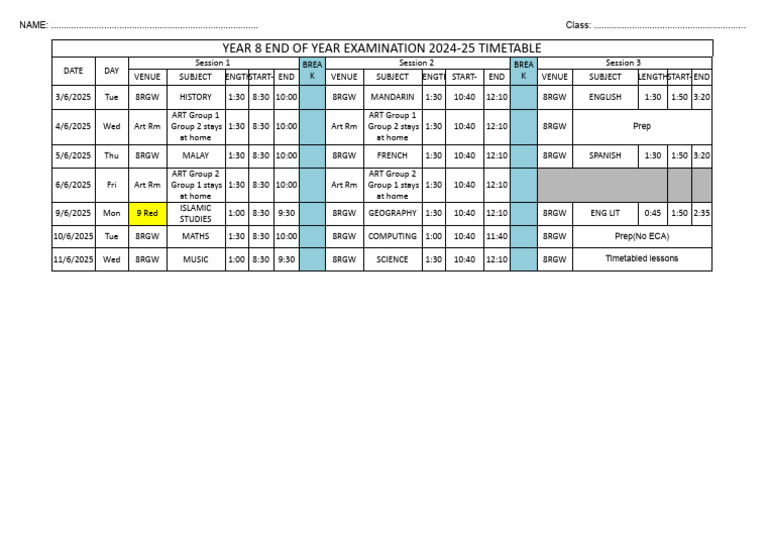 Y8 Eoy Exam Timetable 2024-25 | PDF