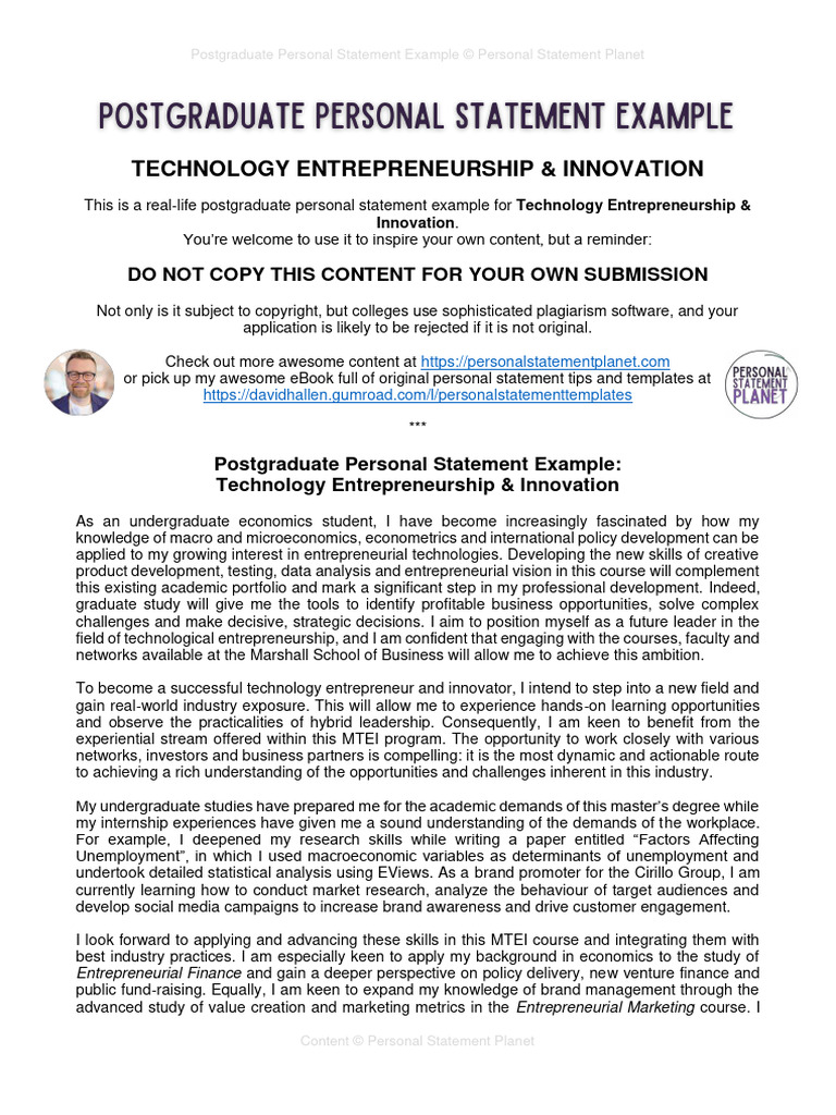 Postgraduate Personal Statement Example Technology Entrepreneurship Innovation | PDF ...
