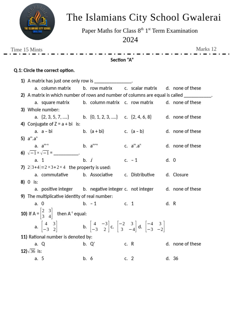 Maths Class 8th | PDF | Matrix (Mathematics) | Integer