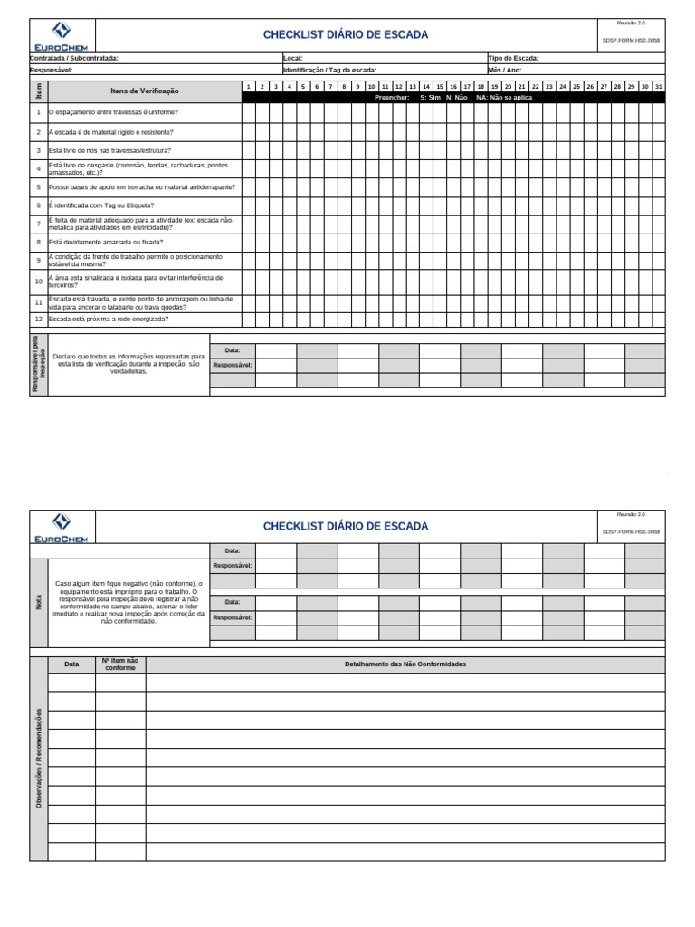 SDSP - form.HSE.0058 - Checklist Diário de Escadas - Revisão 2.0 | PDF