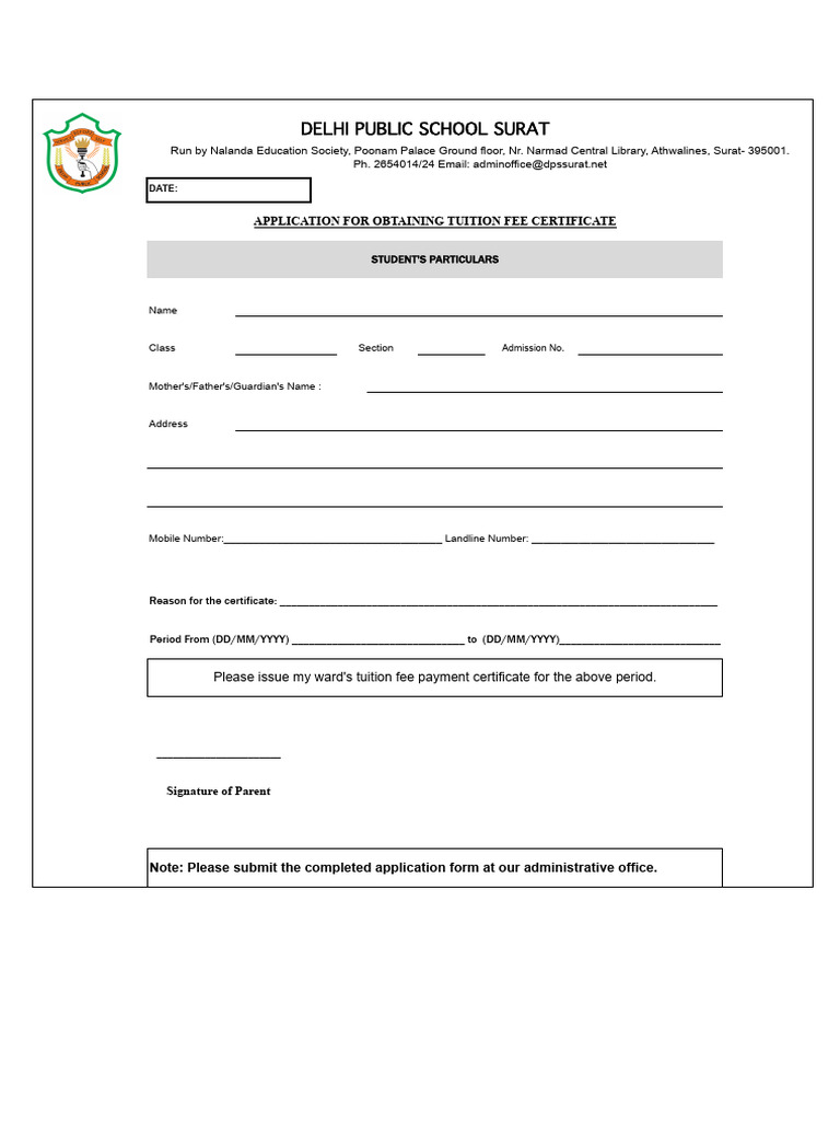 Tuition Fee Certificate Application Form | PDF