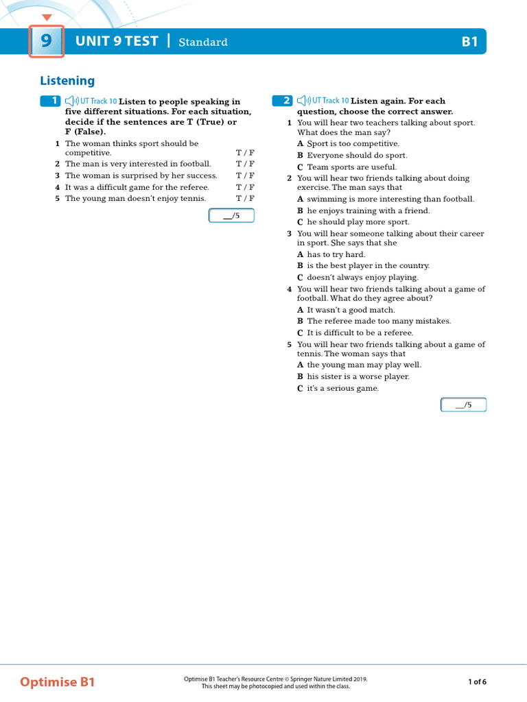 B1 Unit 9 Test: Listening & Grammar | PDF | Volleyball | Sports