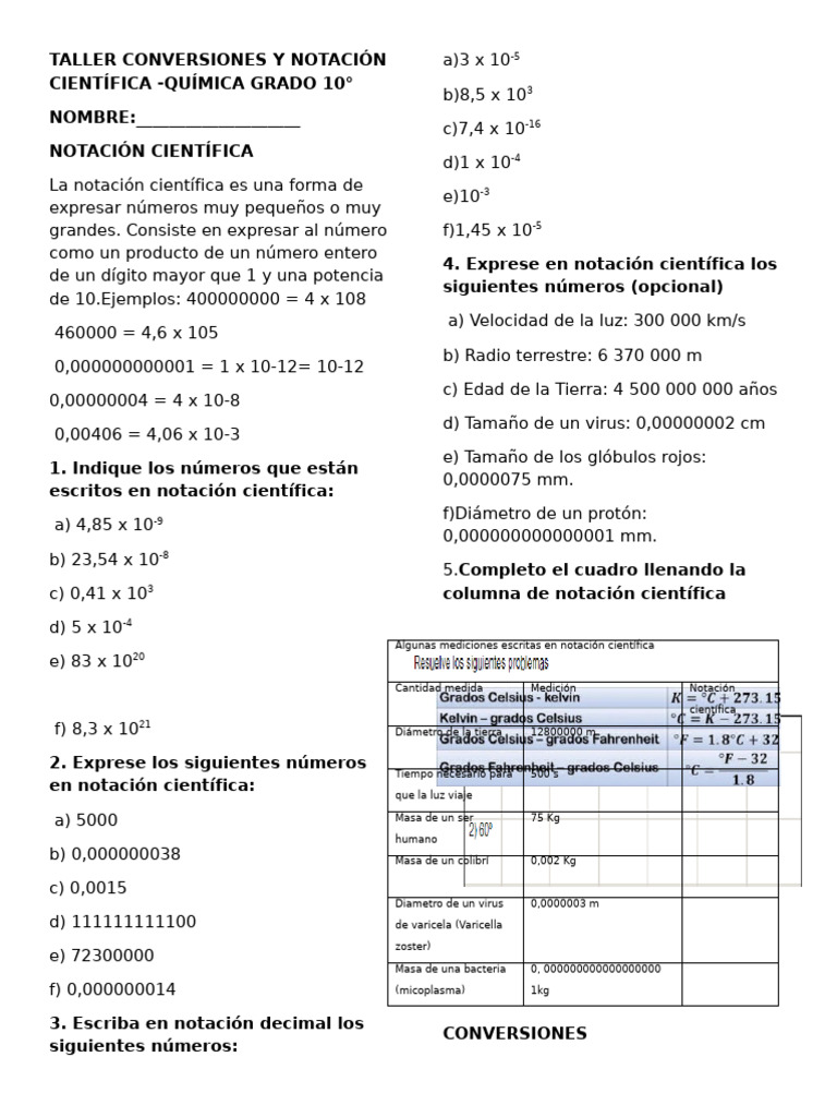 Taller Conversiones y Notacion Cientifica | PDF | Densidad | Metrología