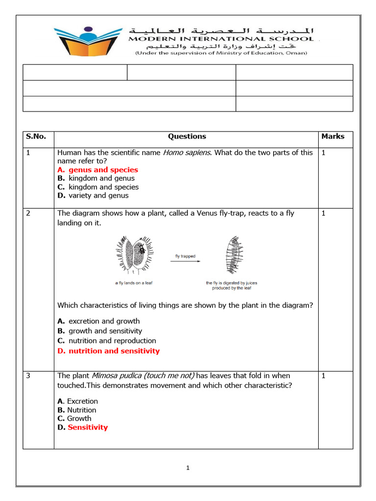 WK 1 CH 1 Characteristics and Classification of Living Organisms Answer ...