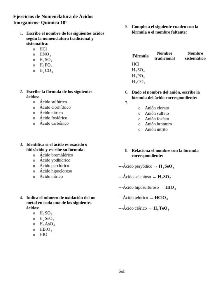 Ejercicios de Nomenclatura de Ácidos Inorgánicos | PDF | Ácido | Ion