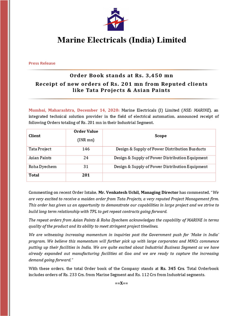 MEIL OrderIntakePressRelease 14thdec2020 | PDF | Ships
