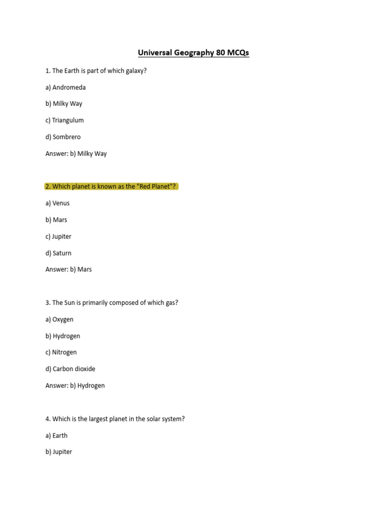 Universal Geography: 80 MCQs on Space | PDF | Planets | Jupiter