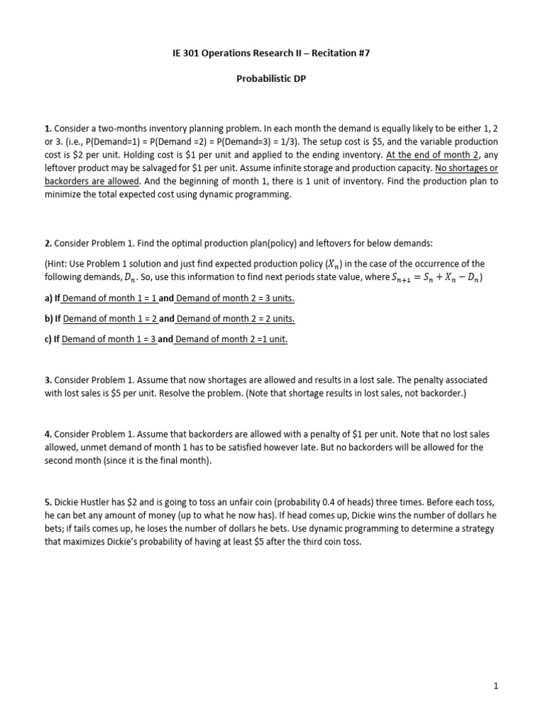 IE 301 Recitation #7 ProbDP Questions | PDF | Demand | Dynamic Programming