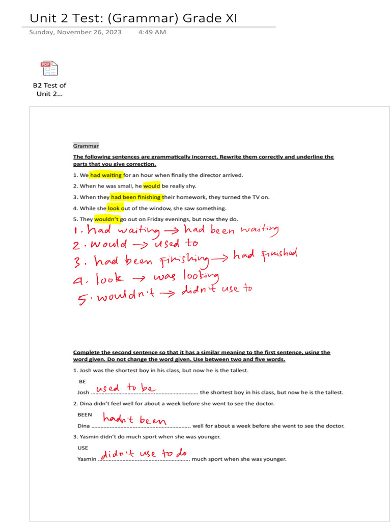 Unit 2 Test (Grammar) Grade XI | PDF