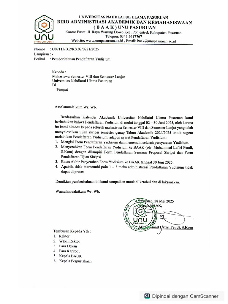 Surat Pendaftaran Yudisium Unu | PDF
