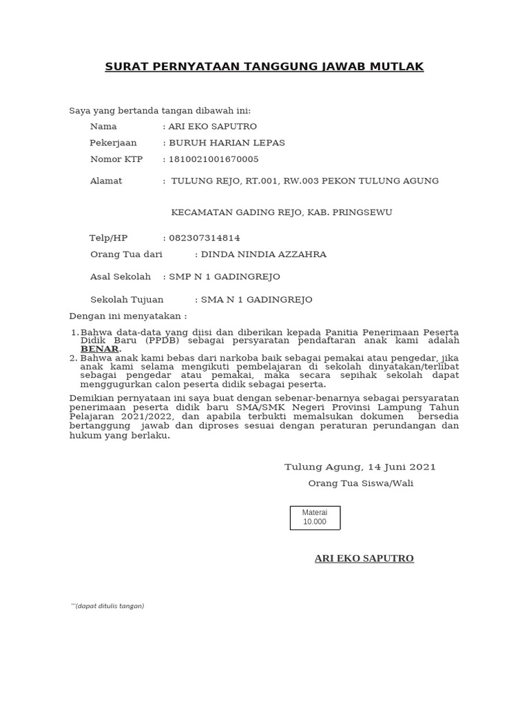 Surat Pernyataan Tanggung Jawab Mutlak Ari Eko Saputro | PDF