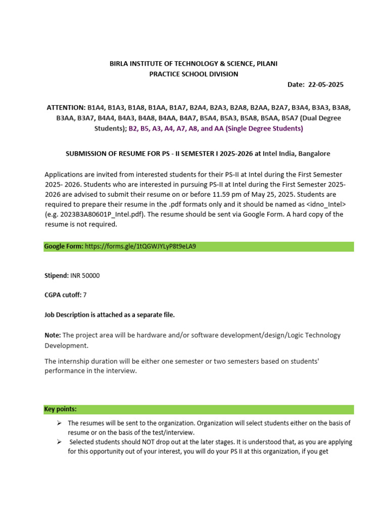 Intel India, Bangalore, 1st Semester 2025-26 | PDF