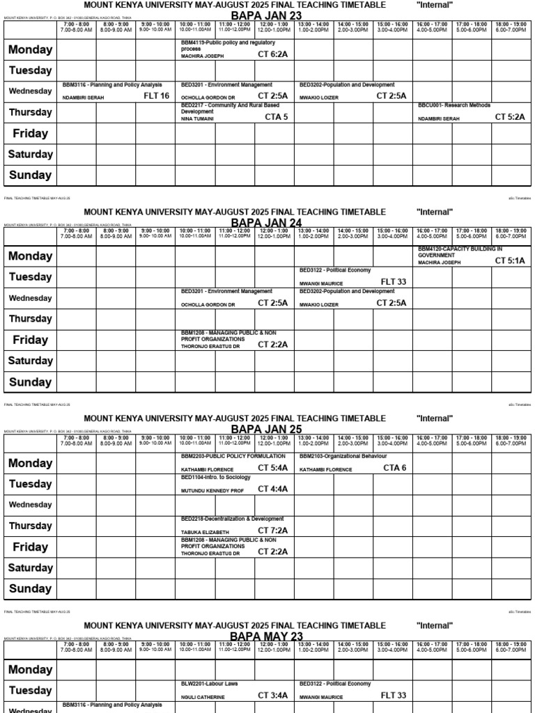 Updated Final Teaching Timetables - May-Aug 2025 | PDF | Science | Mathematics