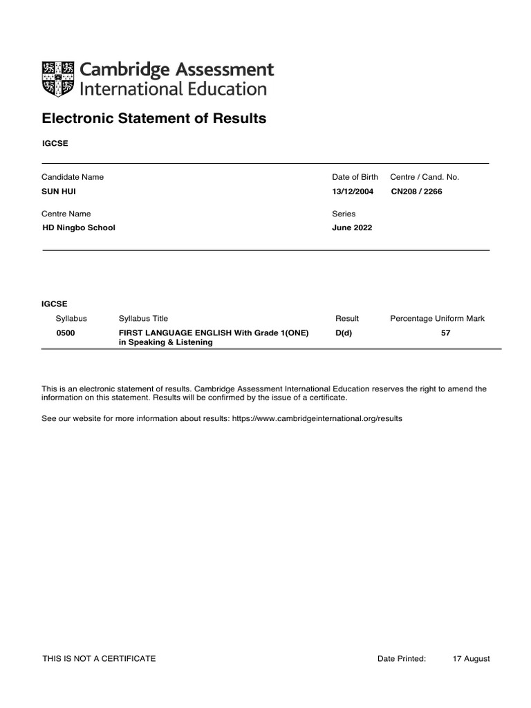 Electronic Statement of Results: Igcse | PDF
