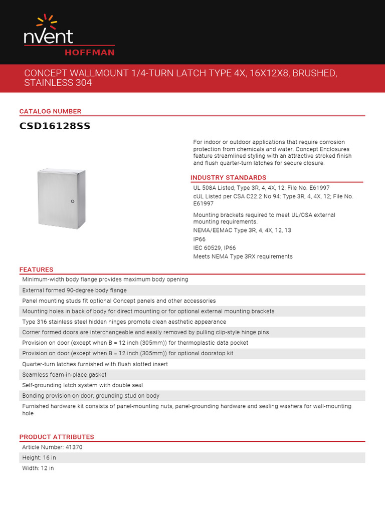 NVent HOFFMAN Concept Wallmount 1 4 Turn Latch Type 4X 16x12x8 Brushed ...