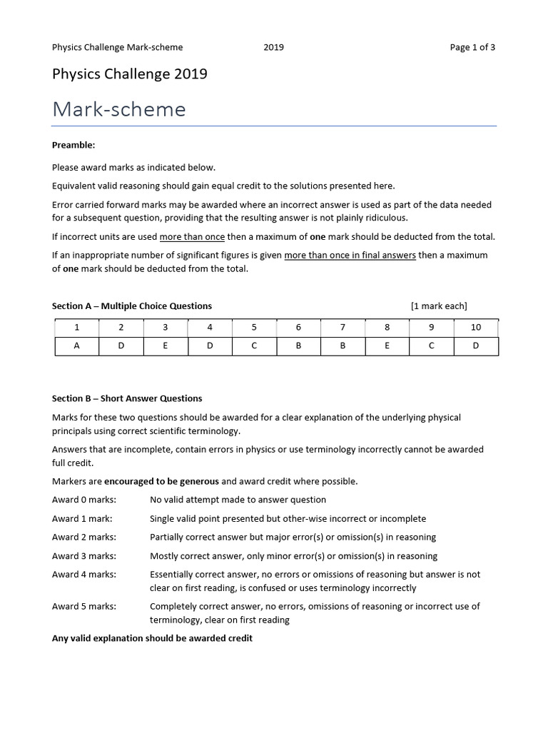 2019 Physics Challenge Mark Scheme | PDF | Force | Weight