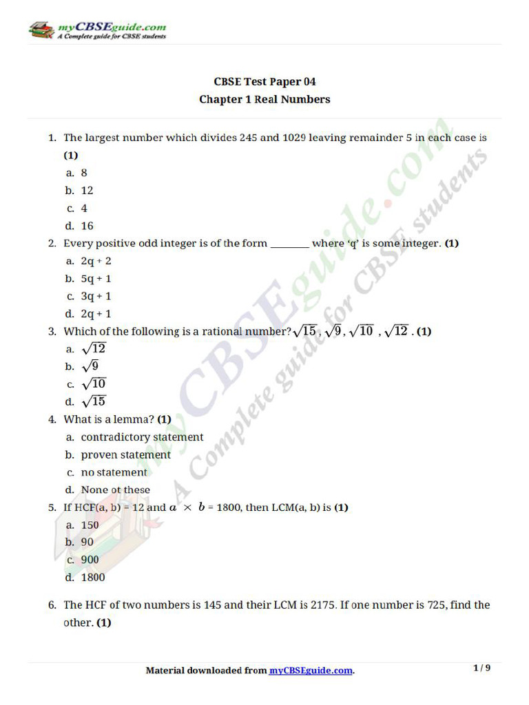 Real Numbers UNIT TEST July | PDF