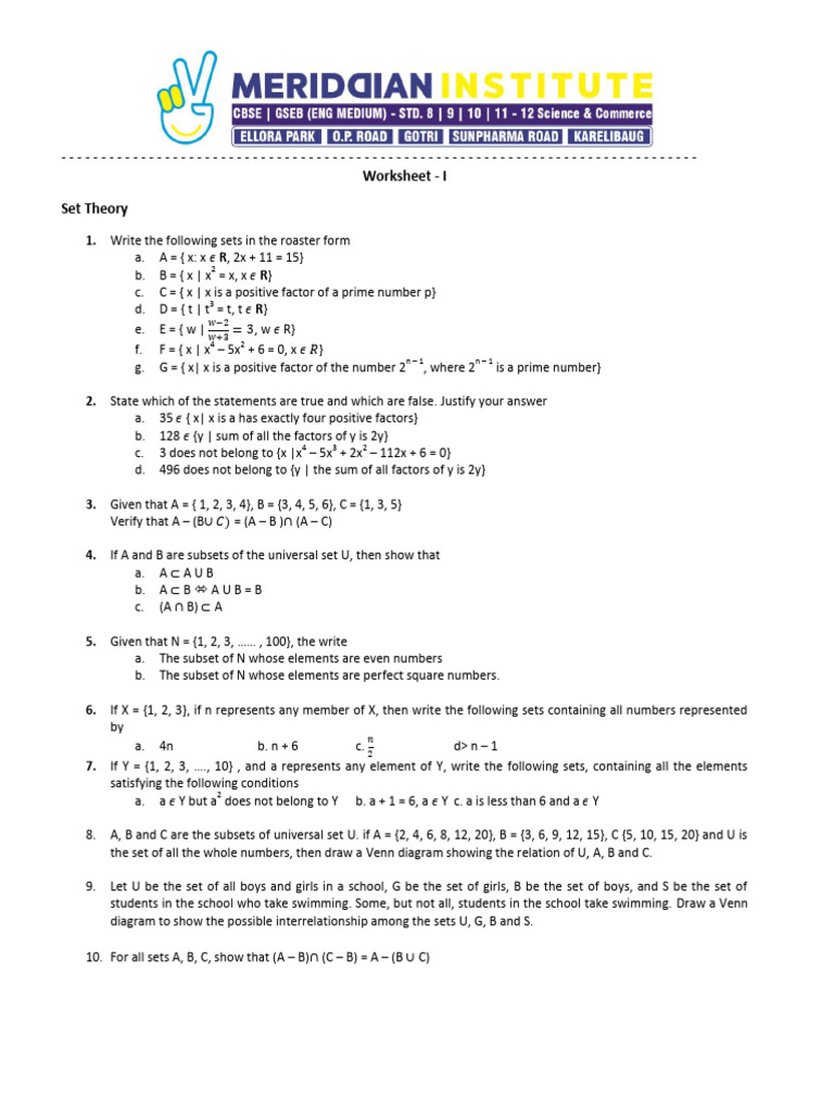 Set Theory Worksheet - I Sprint | PDF | Mathematical Logic ...