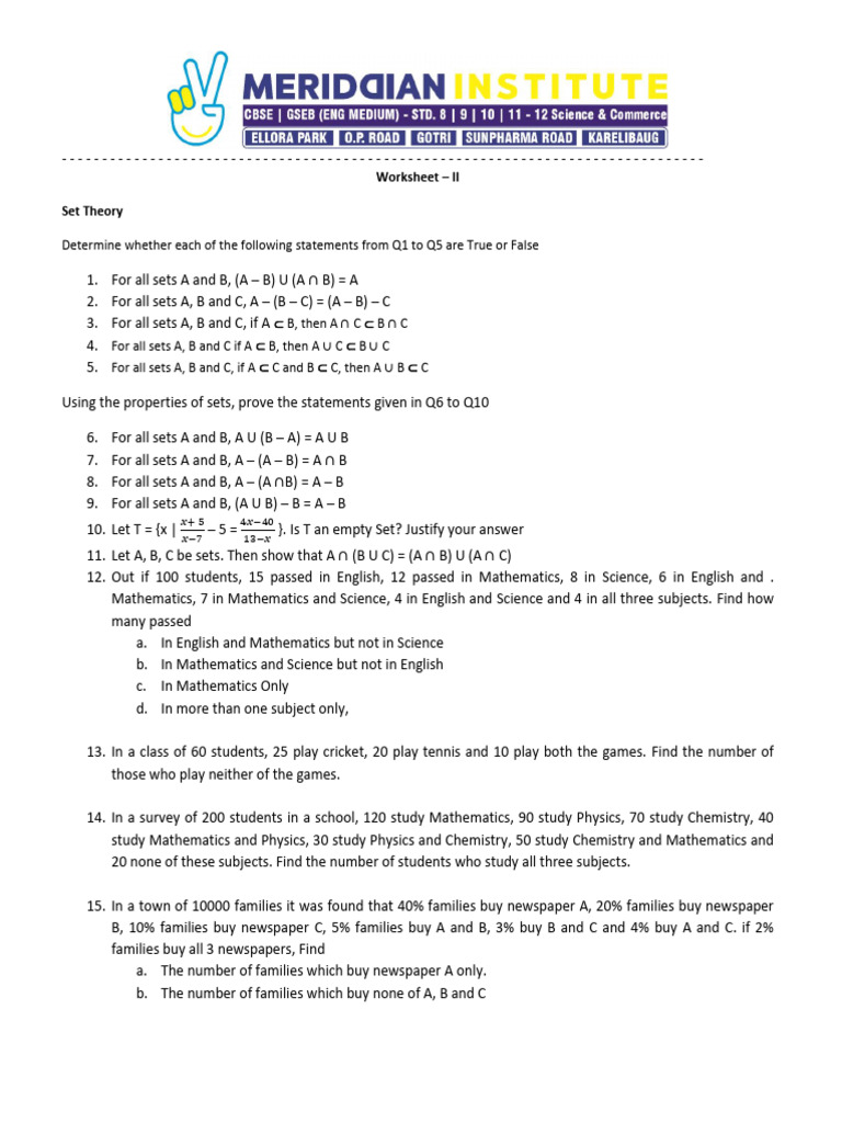 Set Theory Worksheet for Feedback | PDF