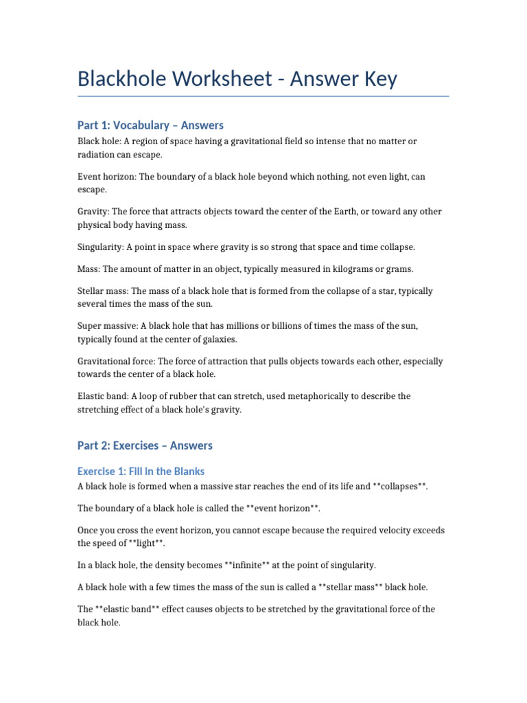 Black Hole Worksheet Answer Key | PDF | Black Hole | Event Horizon