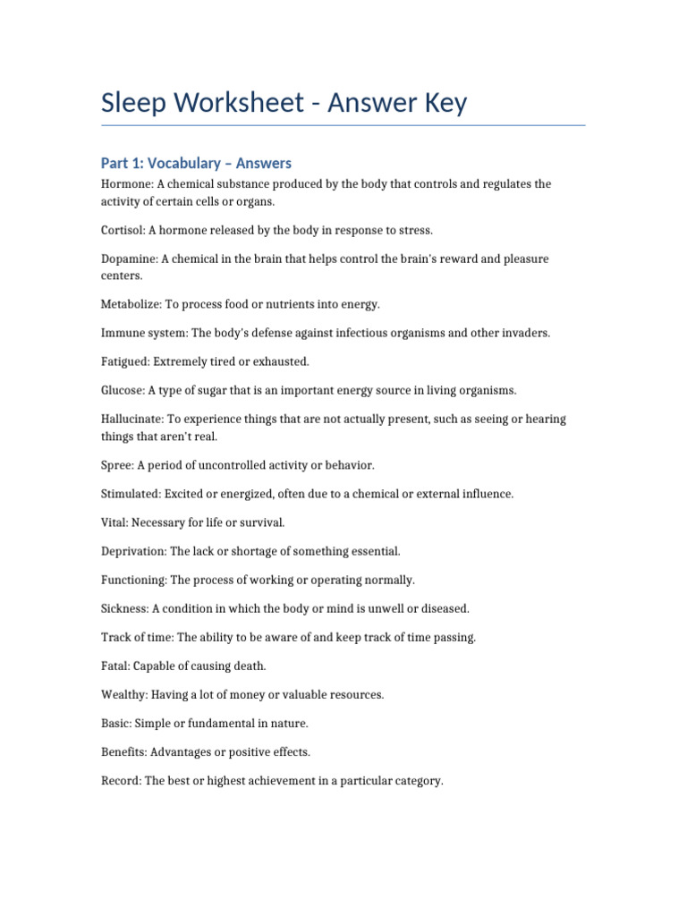 Sleep Worksheet Answer Key | PDF | Sleep Deprivation | Sleep