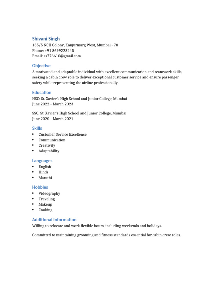Cabin Crew CV Shivani Singh | PDF