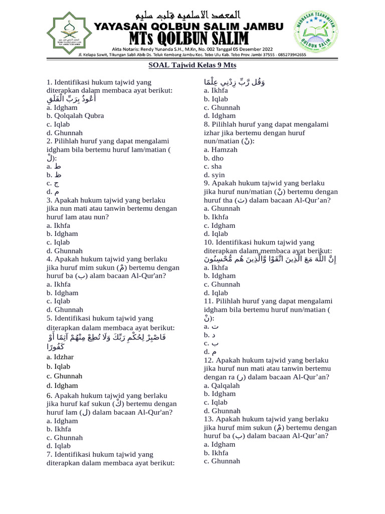 Soal Tajwid PP Qolbun Salin | PDF