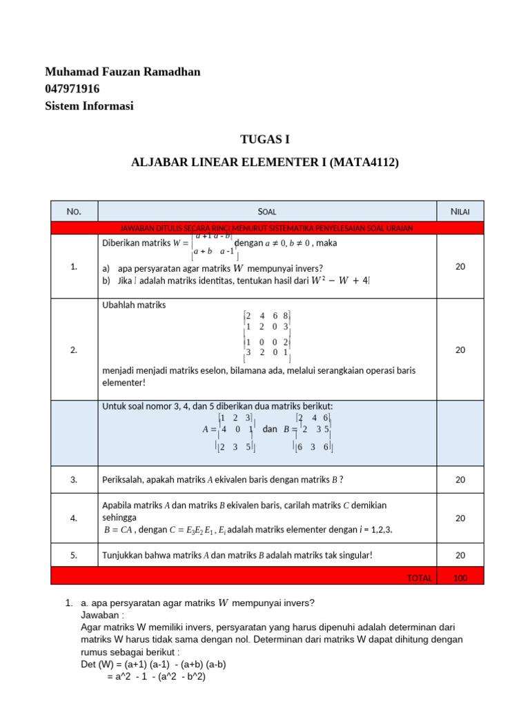 TUGAS 1 Aljabar Linear Elimenter Muhamad Fauzan Ramadhan | PDF
