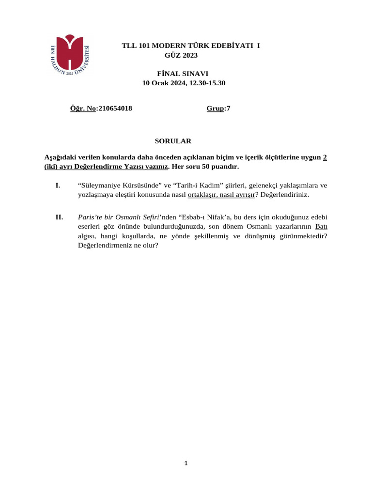 TLL 101 Final Sınavı Güz 2023 | PDF