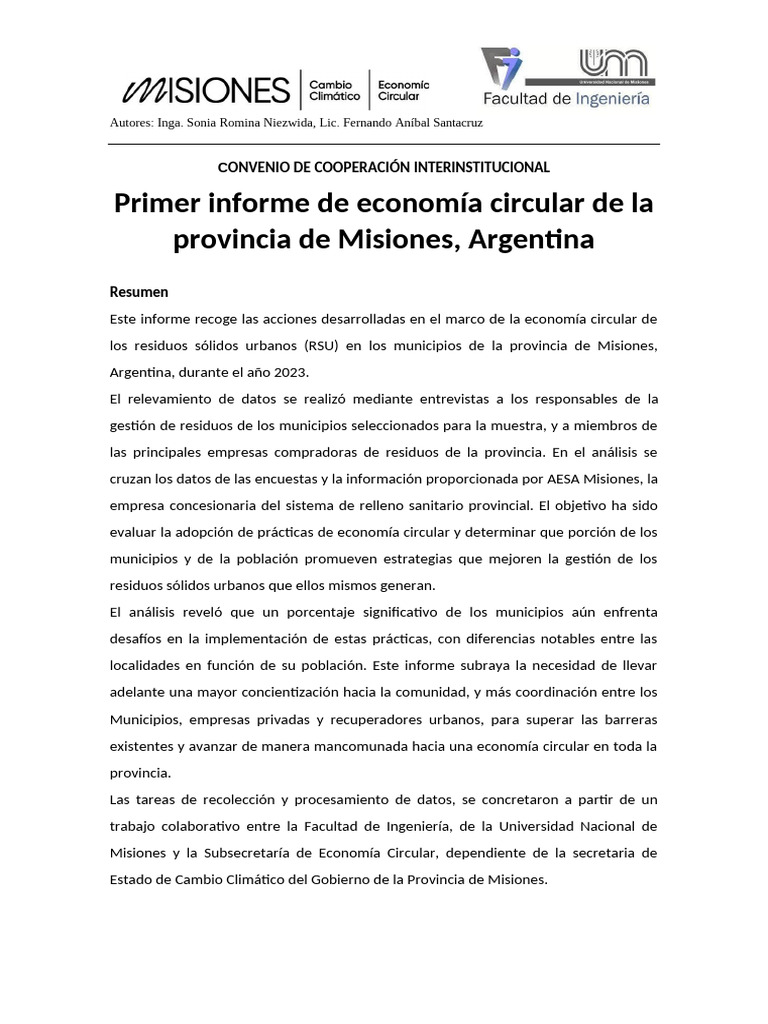 Misiones Informe Economía Circular - 2024 | PDF | Residuos | Reciclaje
