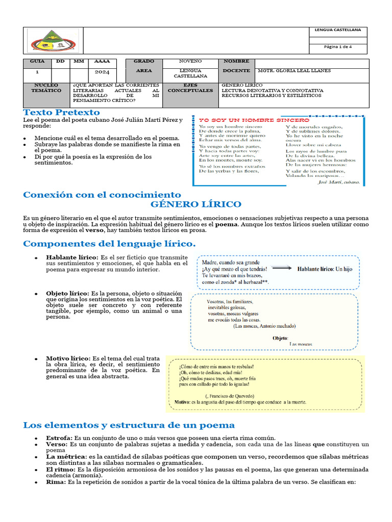 Grado 9 - Guia n1 - III - Género Lírico Lectura Denotativa y ...