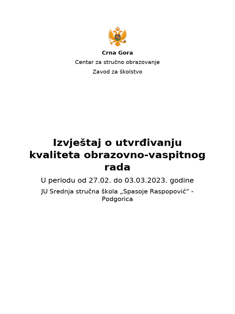 Izvjestaj Ju Srednja Strucna Skola Spasoje Raspopovic Podgorica 2023 | PDF