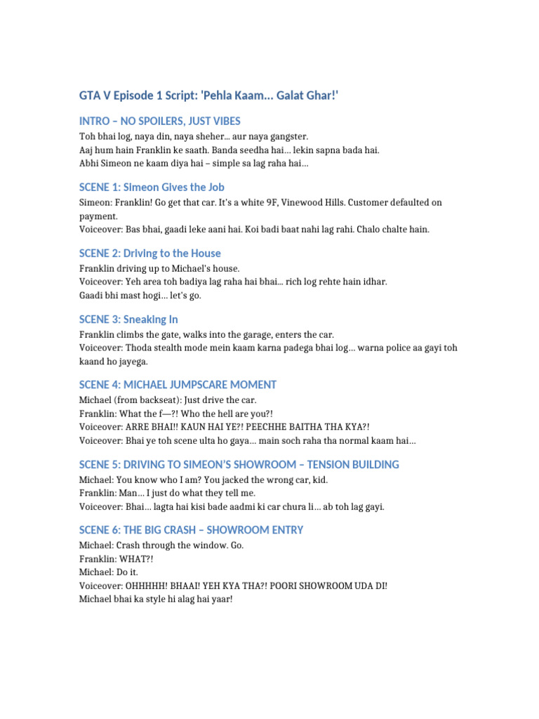 GTA V Episode 1 Script: Pehla Kaam | PDF