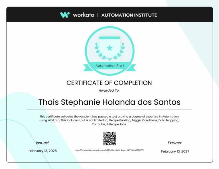 Workato Automation Certificate Awarded | PDF